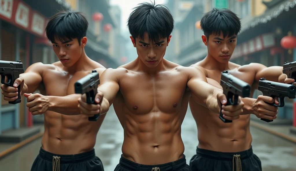 Three Chinese boys, cool pose, with rippling muscles and six pack abs ...