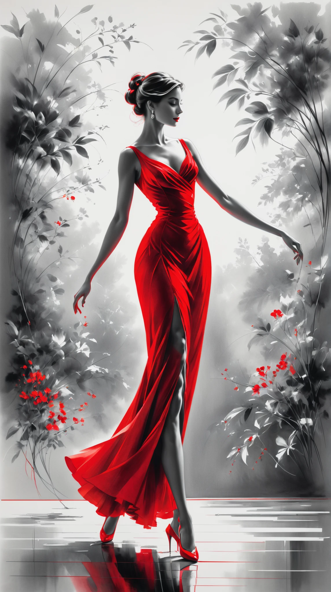 Create a refined pencil sketch that captures the essence of an elegant ...