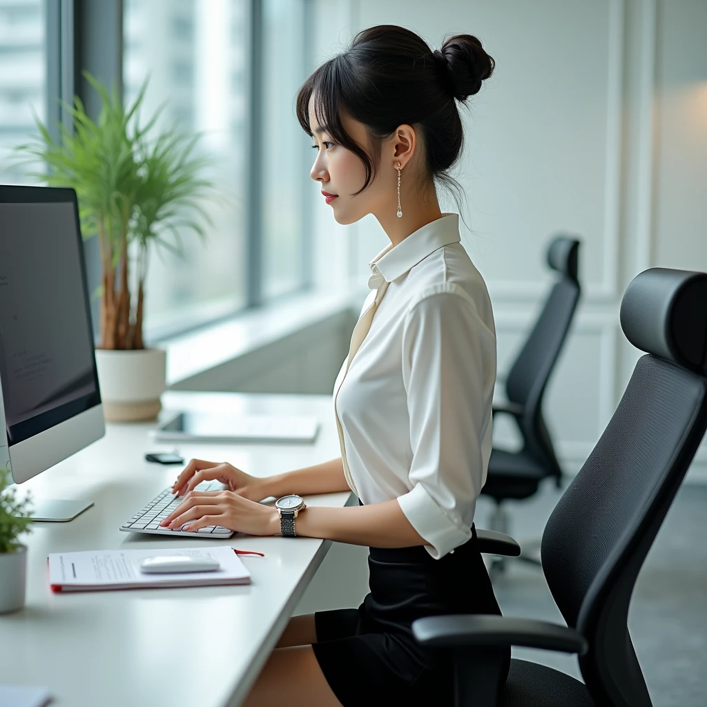 Beautiful Japanese Office lady, working in the office,white blouse ...