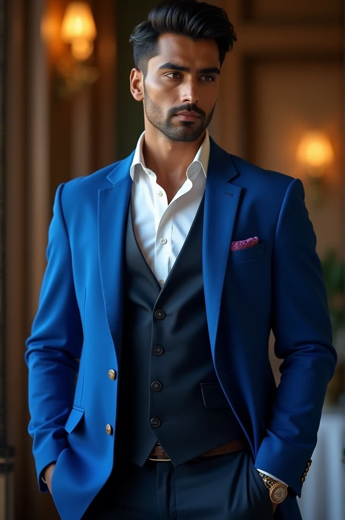 Write a Indian young male handsome gorgeous fit mafia king, blue colour ...