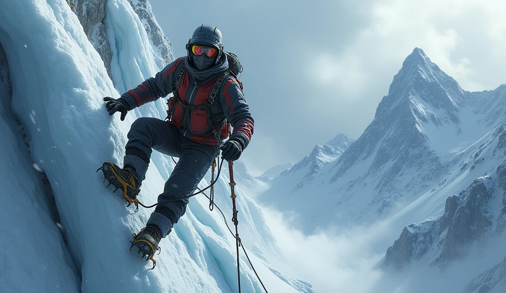 A climber is hanging on a steep face of K2, crampons and ice axes ...