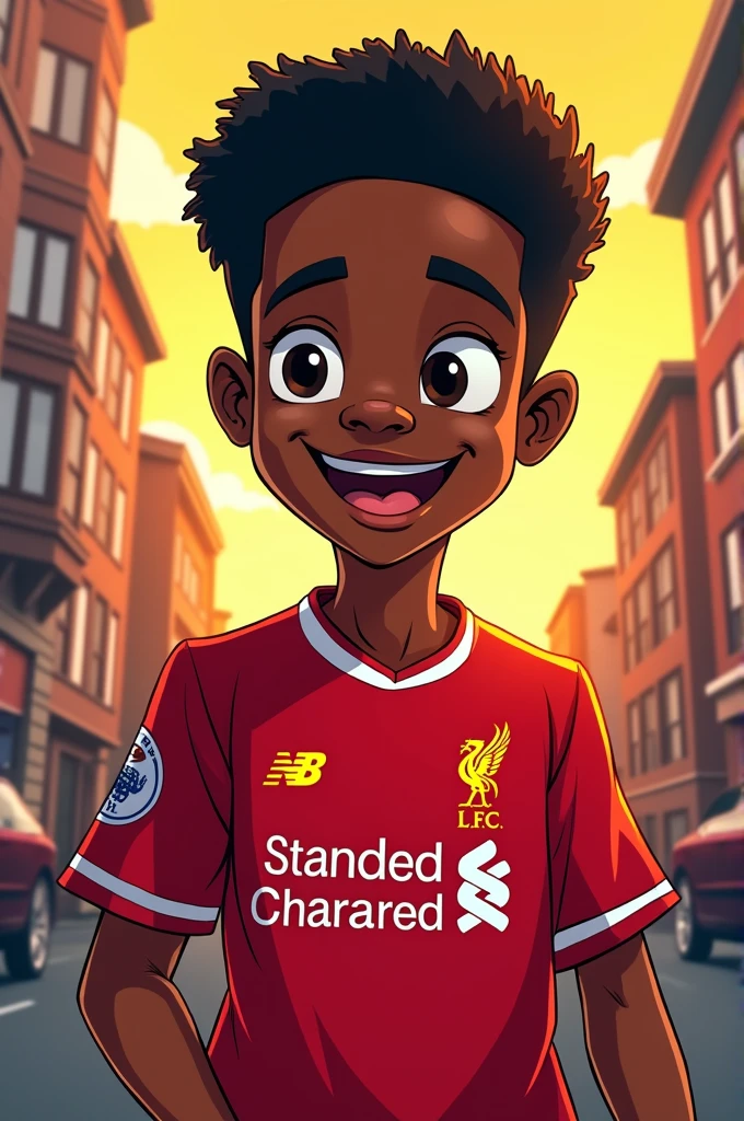 A black boy cartoon, wearing a liverpool fc Jersey labeled TRENCH ...