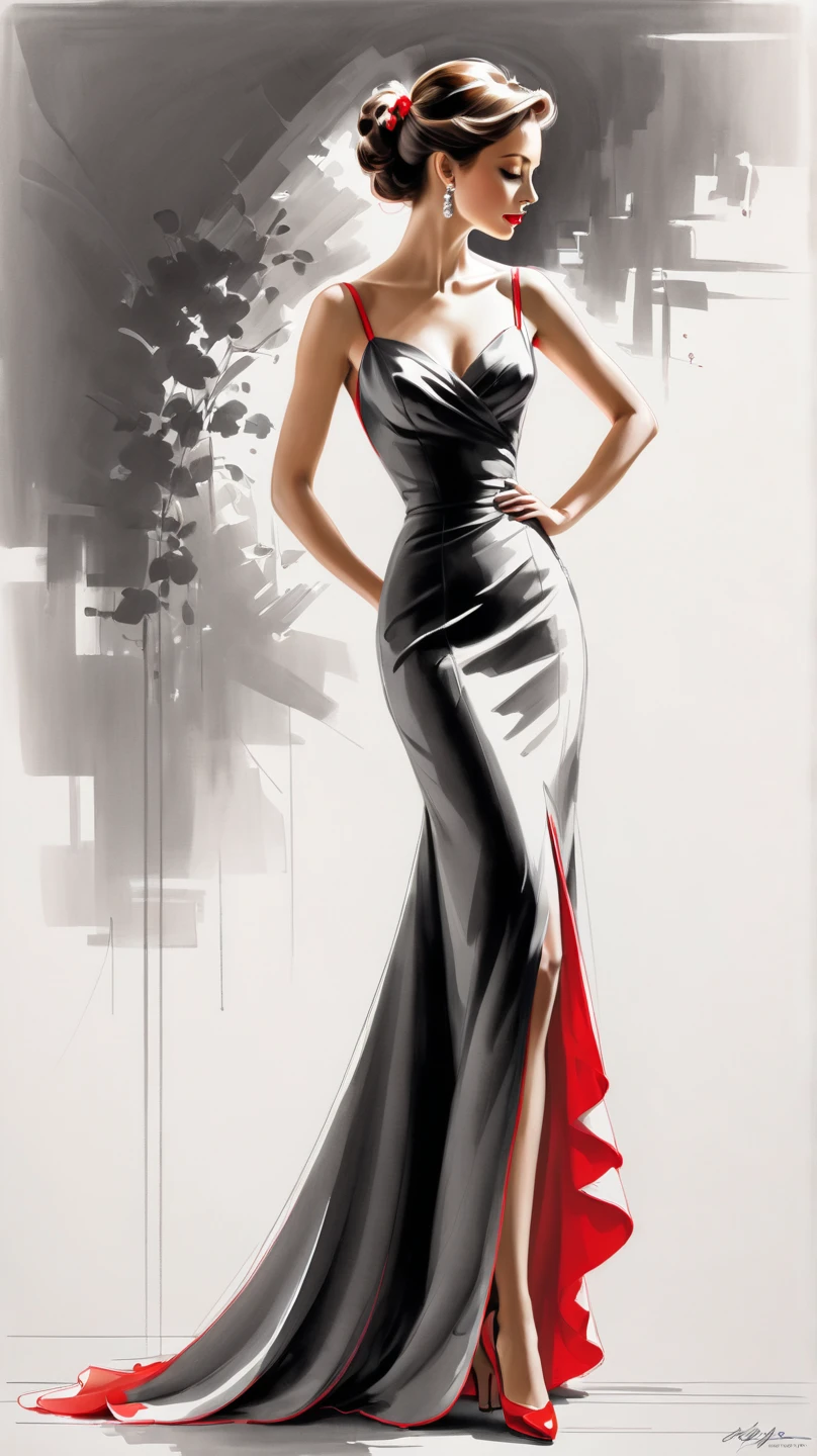 Create a refined pencil sketch that captures the essence of an elegant ...