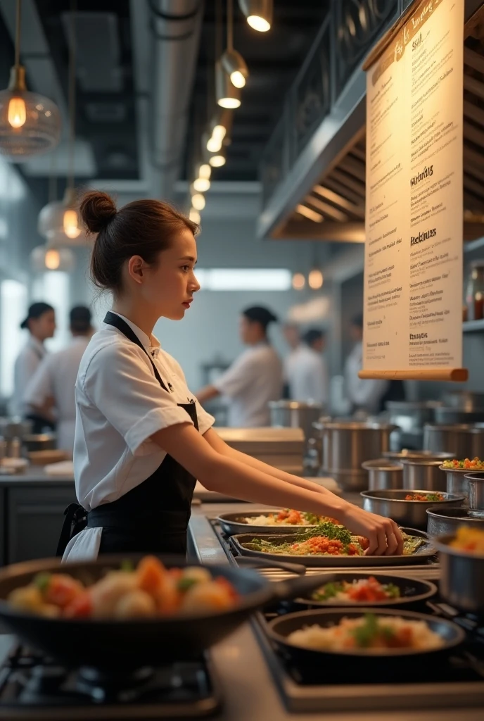 Girl chef is cooking with the hanging list of dish in front of her in ...