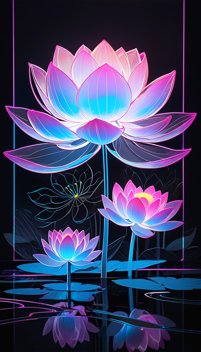 Black painted canvas, simple art , Lotus flower drawn with neon light ...