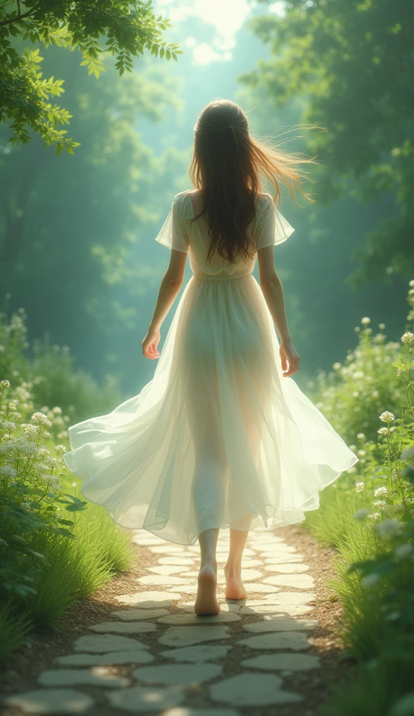 Pretty, transparent girl walking a long way from the park. - SeaArt AI