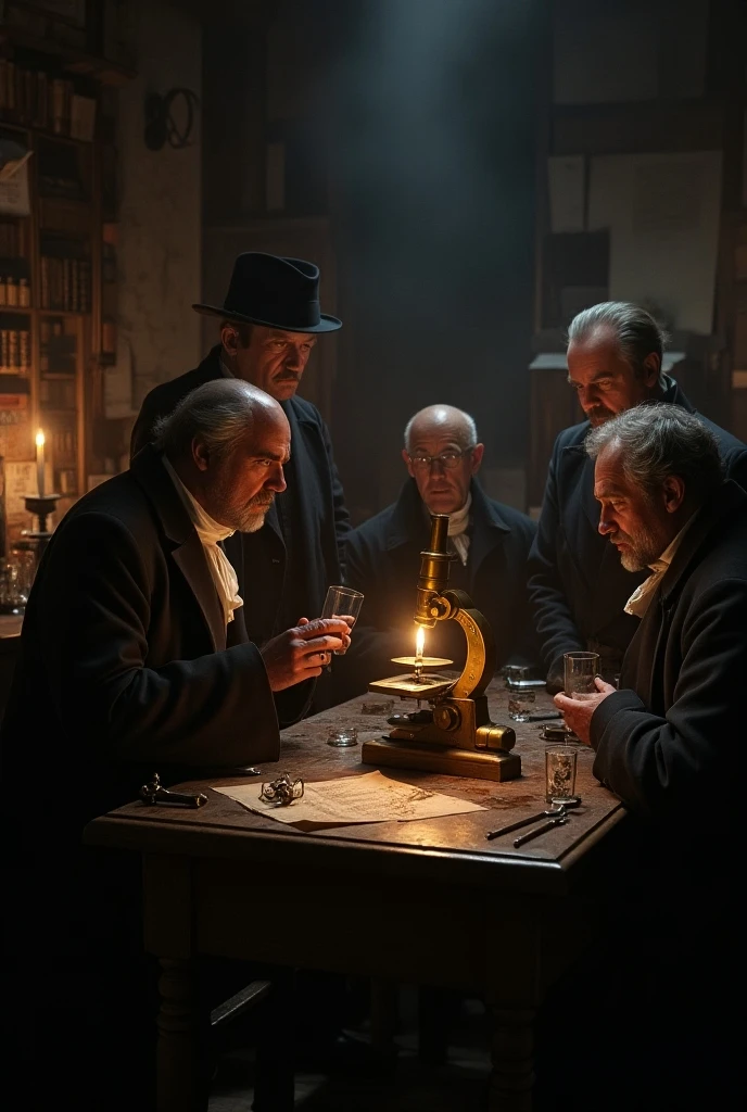 A scene depicting the invention of the microscope in the 18th century ...