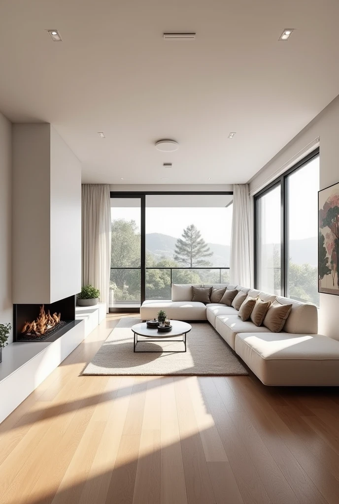 Describe a living room in an apartment, with floating floor in pine ...