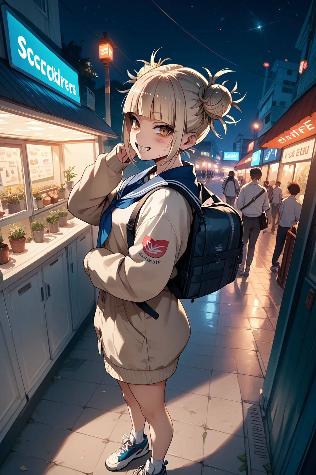 Whole body Toga Himiko run from directly above Skyscrapers night ...