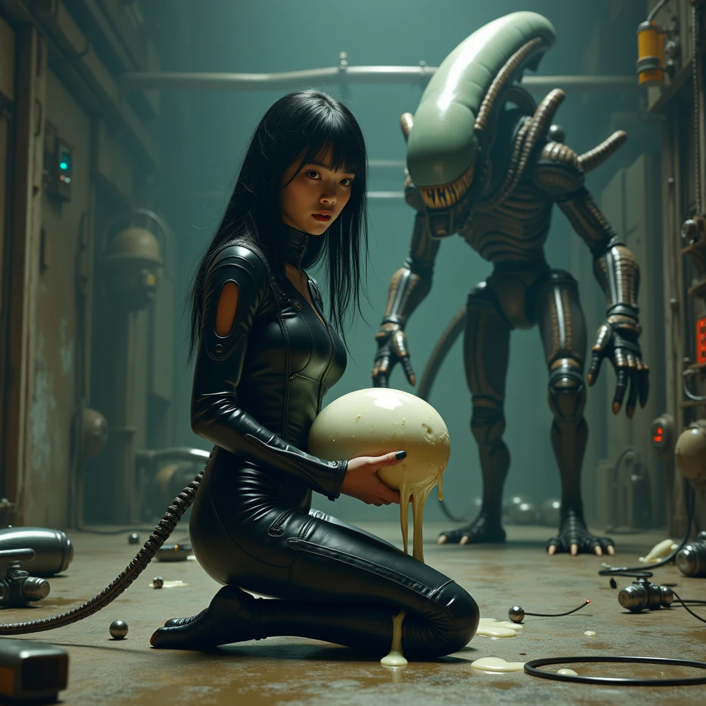 Pretty slim girl with wet warm white yogurt, Xenomorph loves her ...