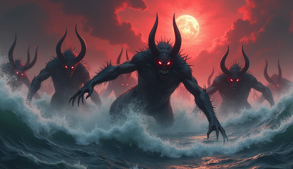 A horde of demons emerging from the ocean. red sky, apocalyptic ...
