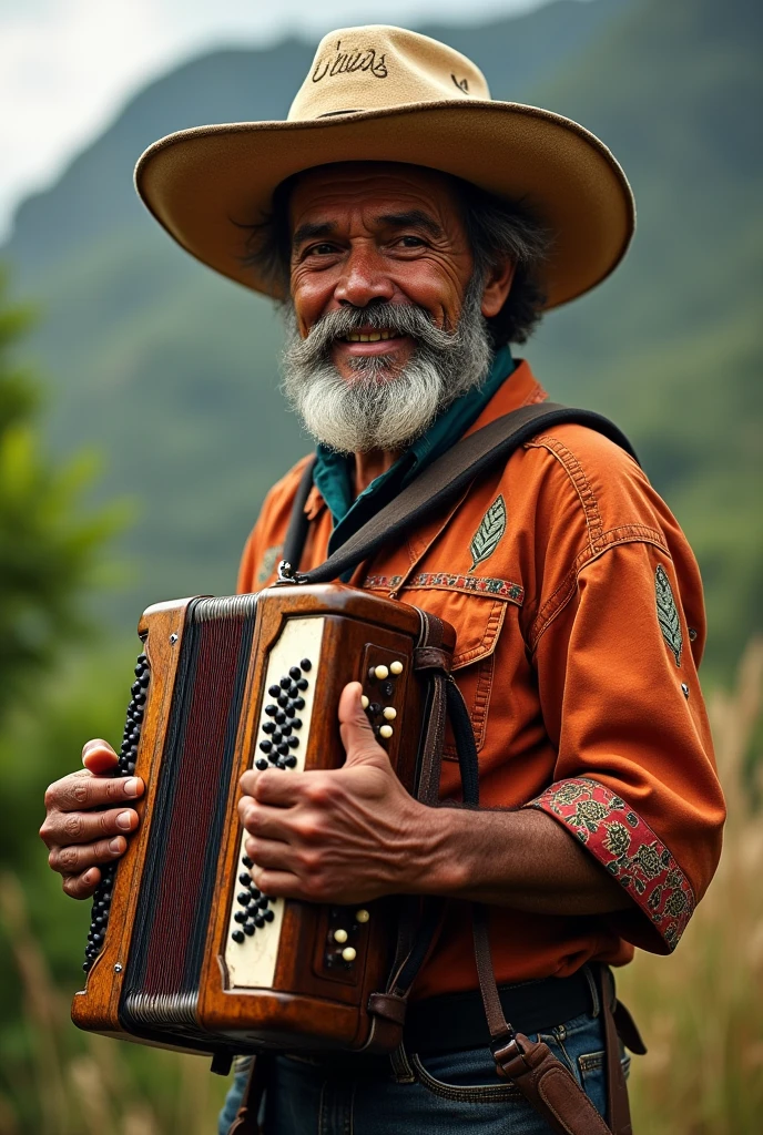 Create a Guajiro Vallenato man with the accordion and hat that says ...
