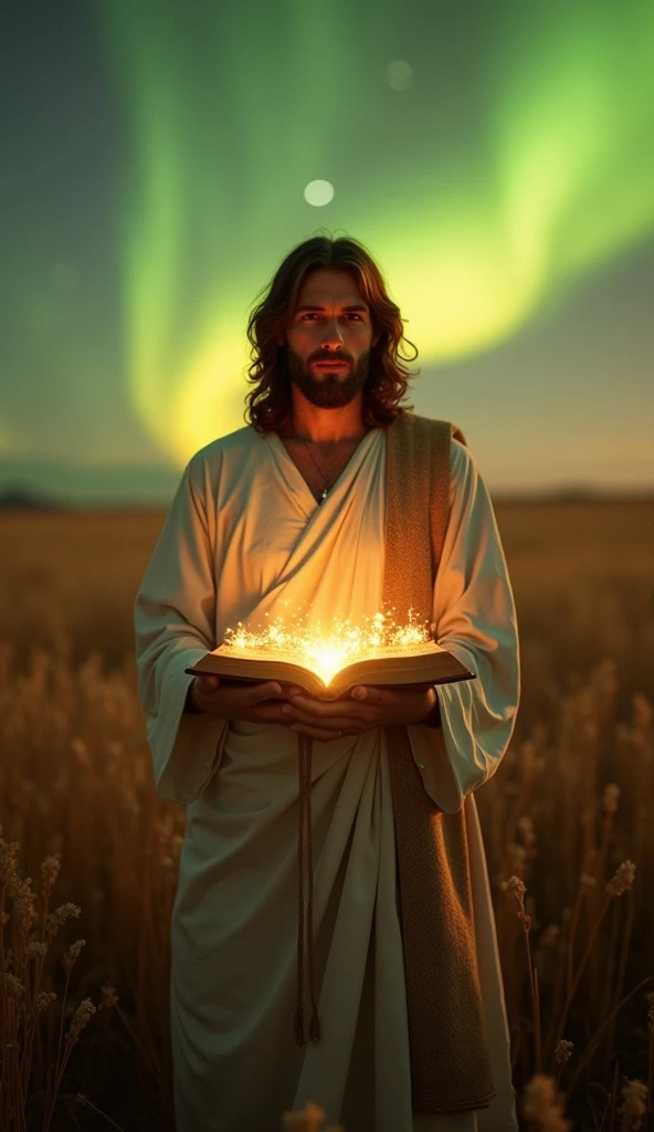 Aurora Scenario with a Sacred Book Jesus is in a field, with the light ...