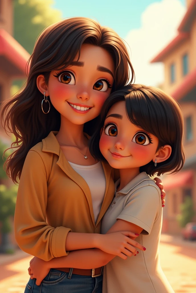 Disney Pixar cover Brown-haired, brown-eyed mother, Teenage daughter with short - SeaArt AI
