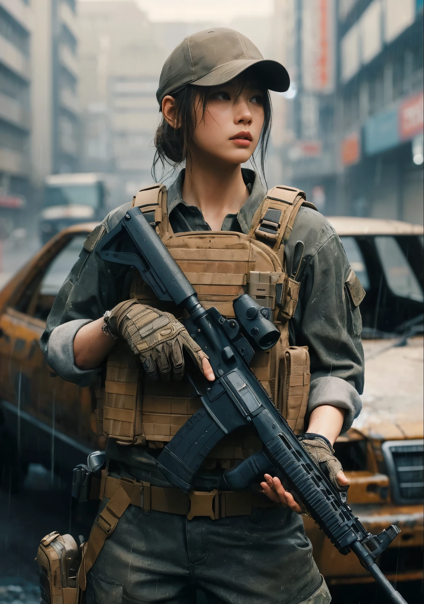 Arafed woman in military gear holding a rifle in a city - SeaArt AI