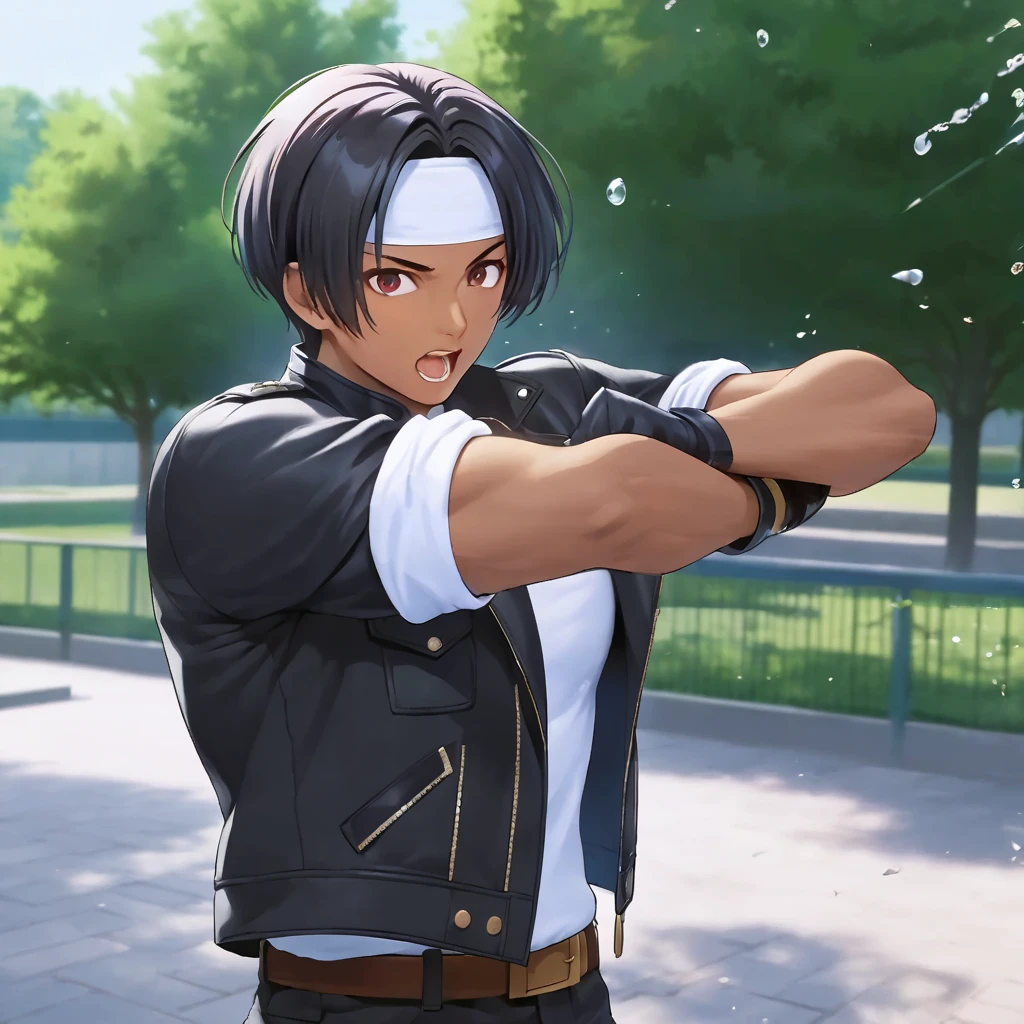 An anime-style image of a man in a black jacket throwing a baseball bat ...
