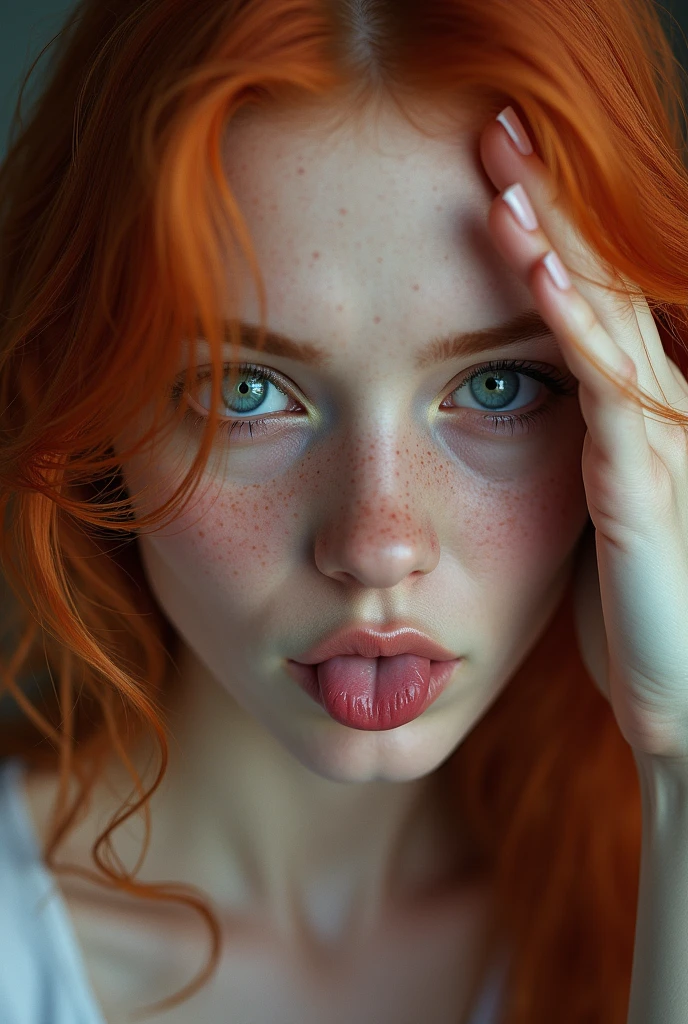 Hiper realistic high detailed(masterpiece) young woman red hair blue ...