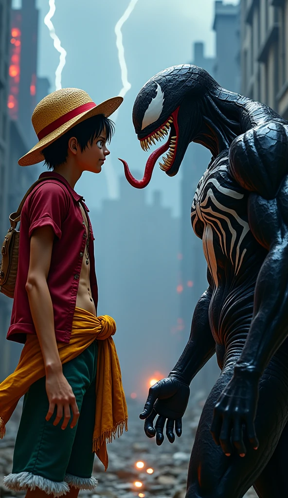 A hyper-realistic scene of Luffy from One Piece and Venom from Spider ...