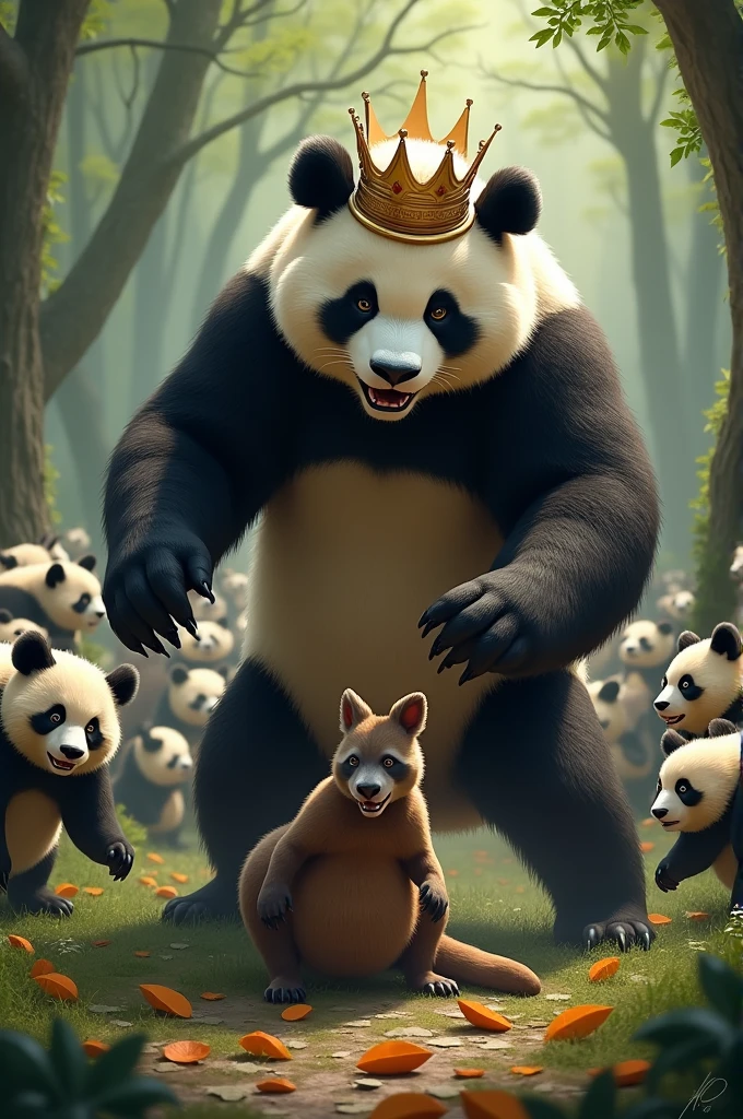 King Panda with a crown hit a kangoro in the floor with a Lot of pandas - SeaArt AI