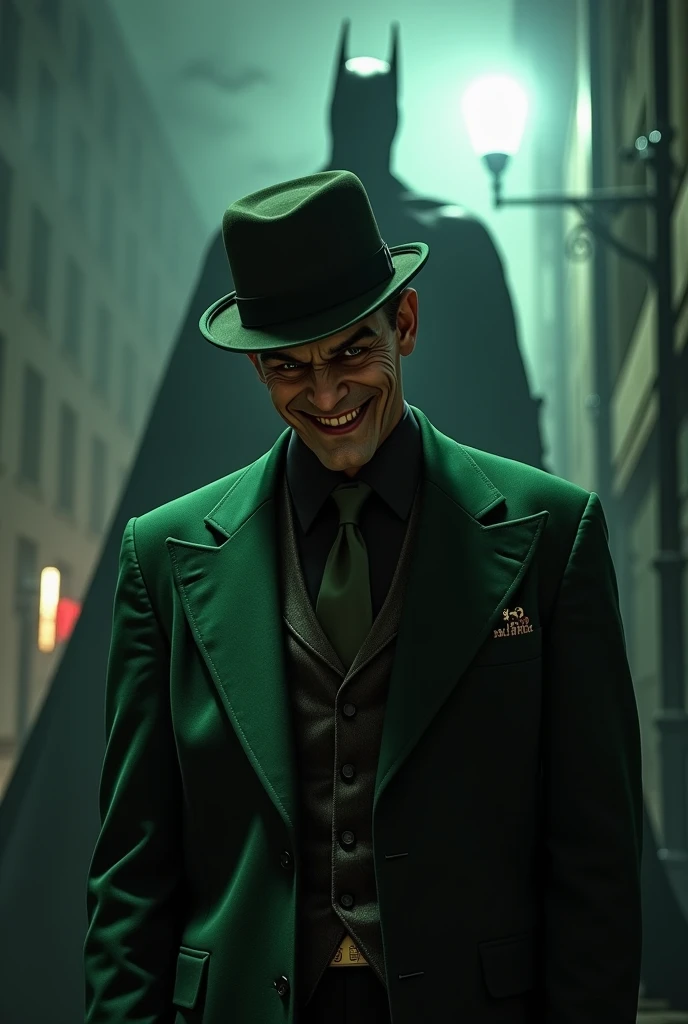 Create an image of the villain riddle with a look of Revenge and Batman ...