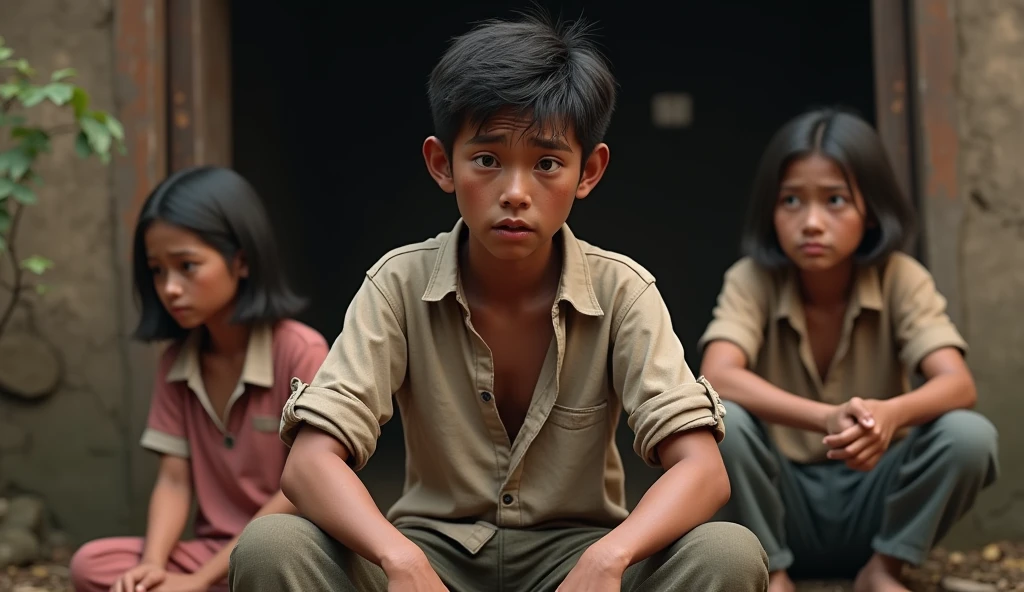 A young man dressed in simple, slightly worn cotton clothes. His shirt ...