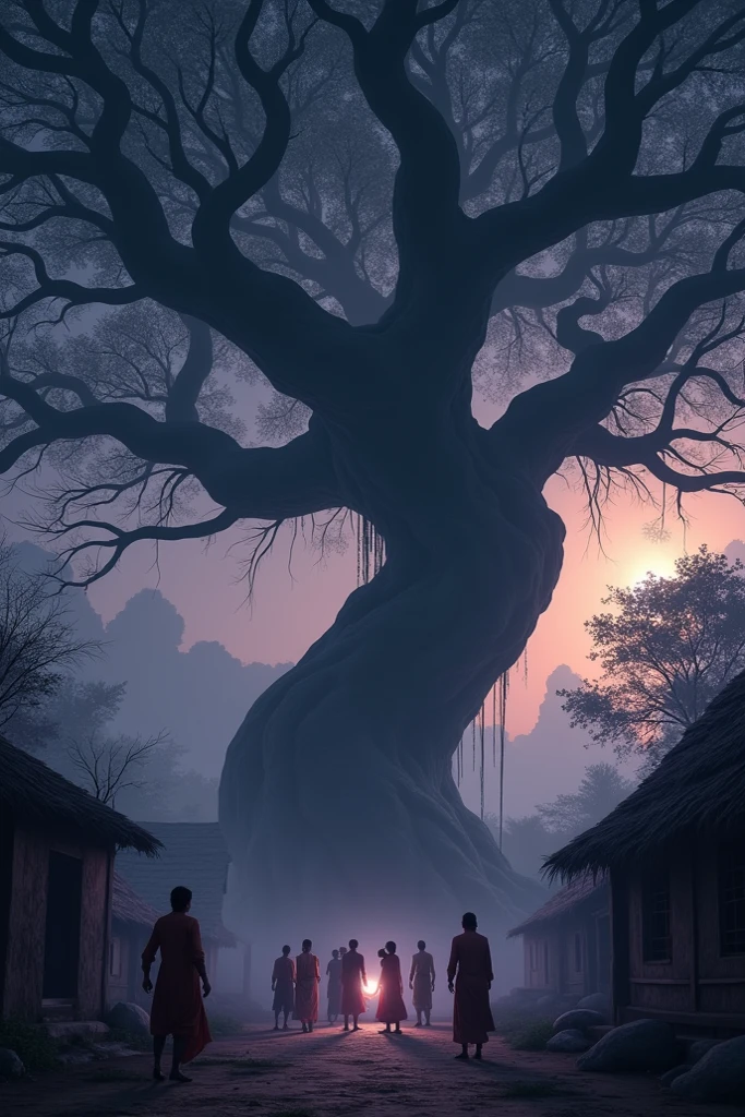 "A dark, spooky village scene at twilight with a large twisted Peepal ...