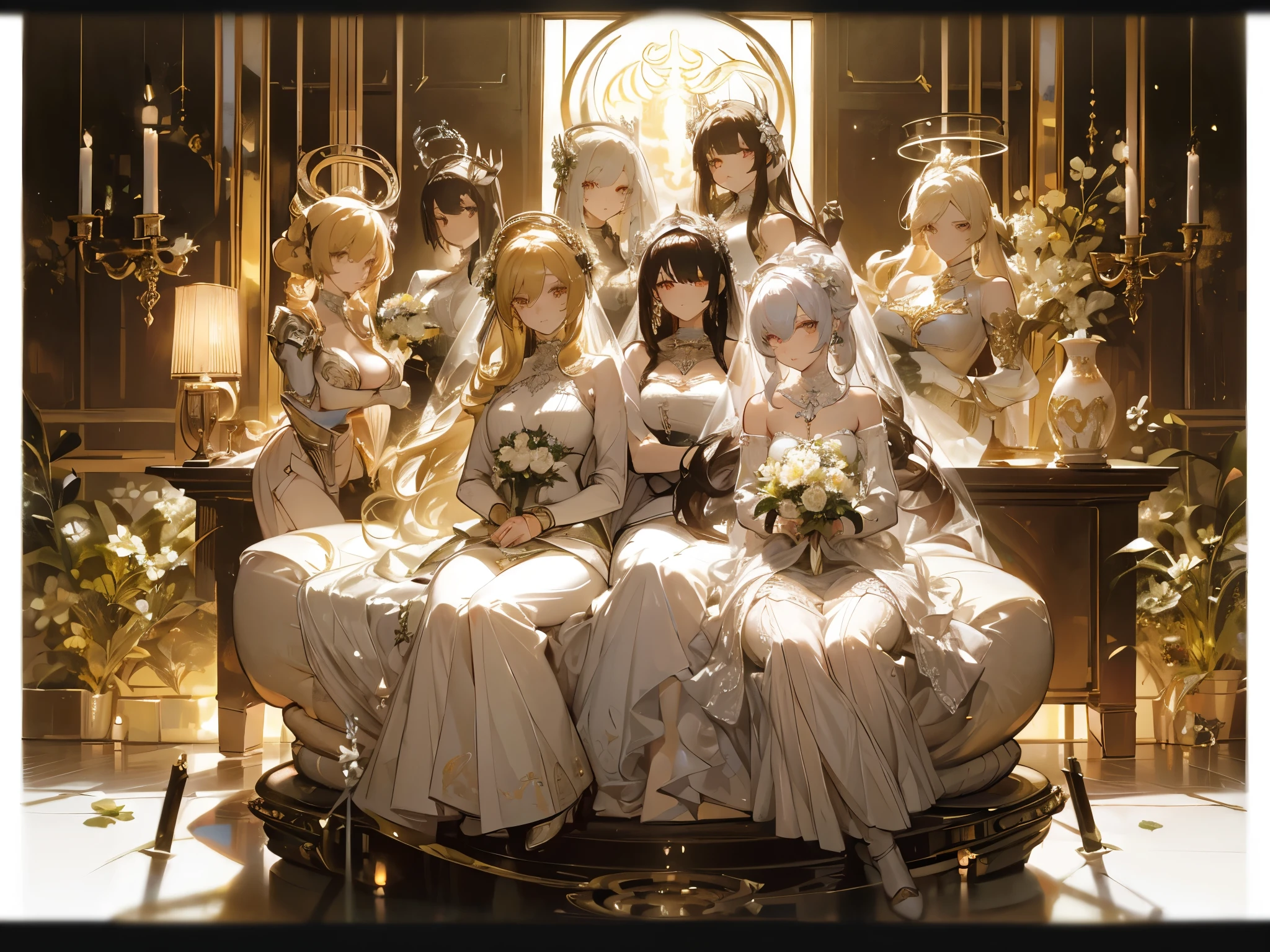 Anime wedding party with brides and grooms sitting on a bench - SeaArt AI