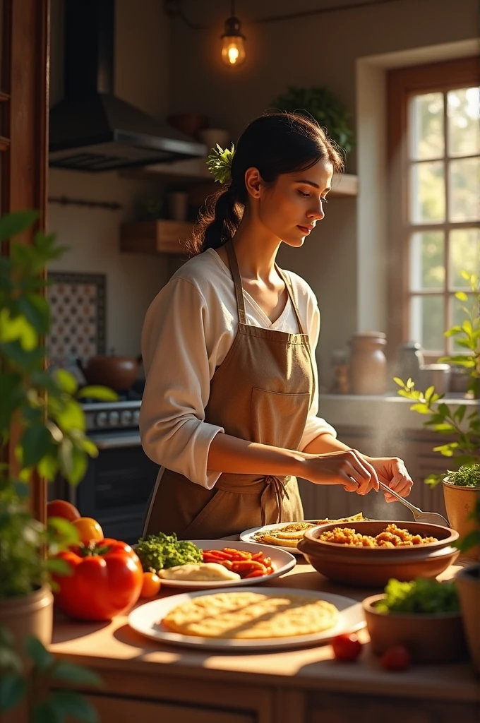 "A warm, inviting kitchen scene with a mother lovingly preparing food ...