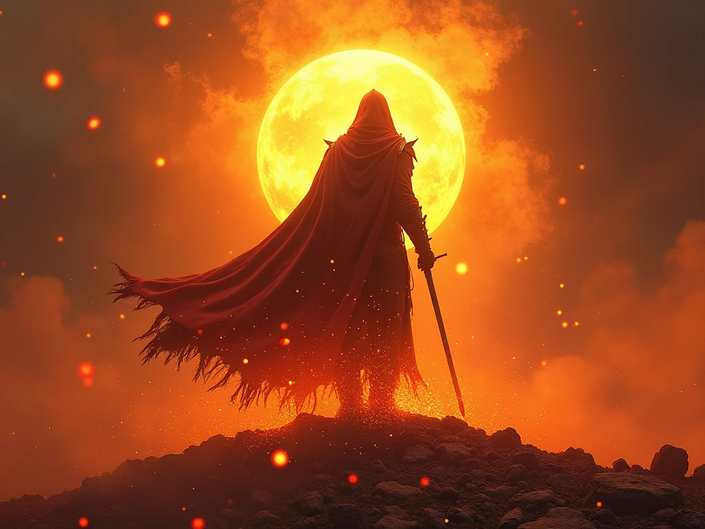 Cosmic Fallen Knight, cosmic ashes , strange, scary, very bright colors ...