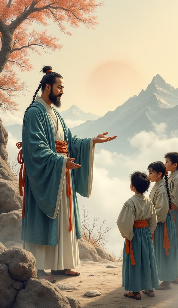 Confucius meditating with a group of young disciples, pointing to a ...