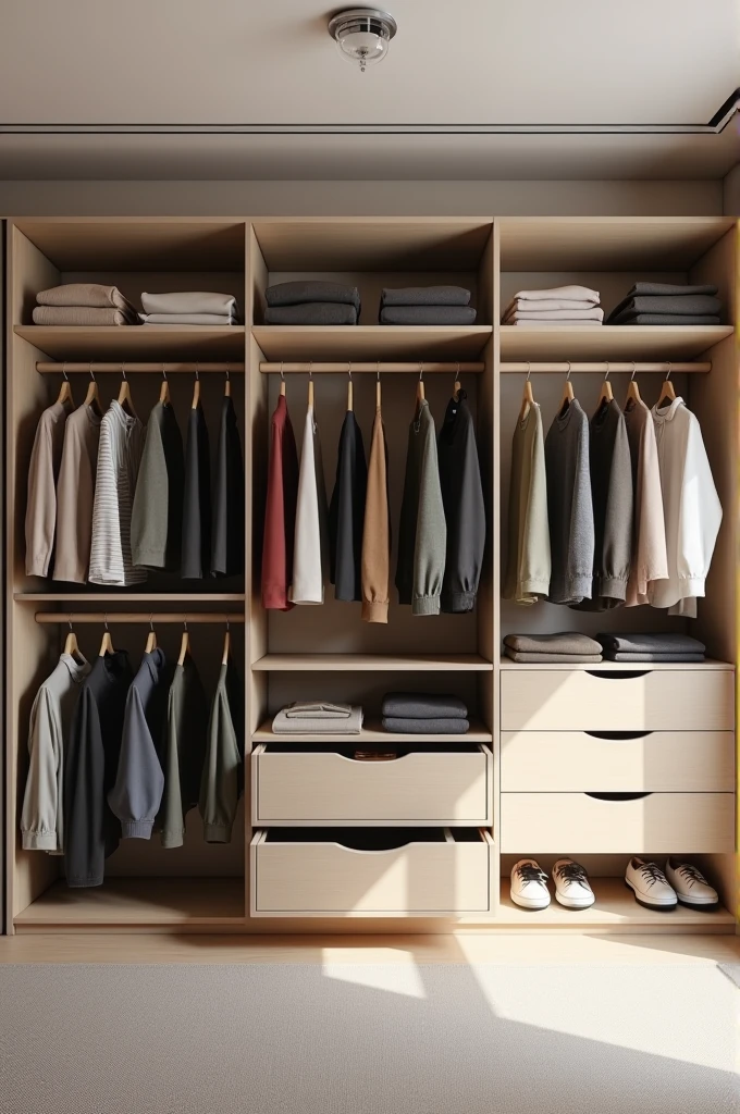 A spacious wardrobe with ample hanging space for clothes, shelves for ...