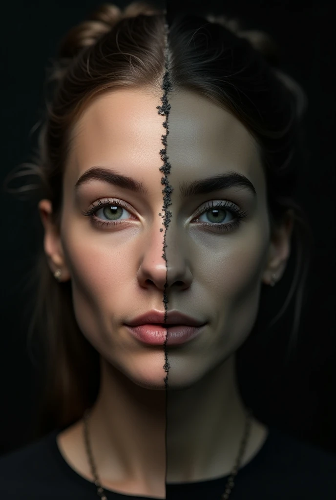 A hyper realistic woman's face divided in half, the left side of the ...