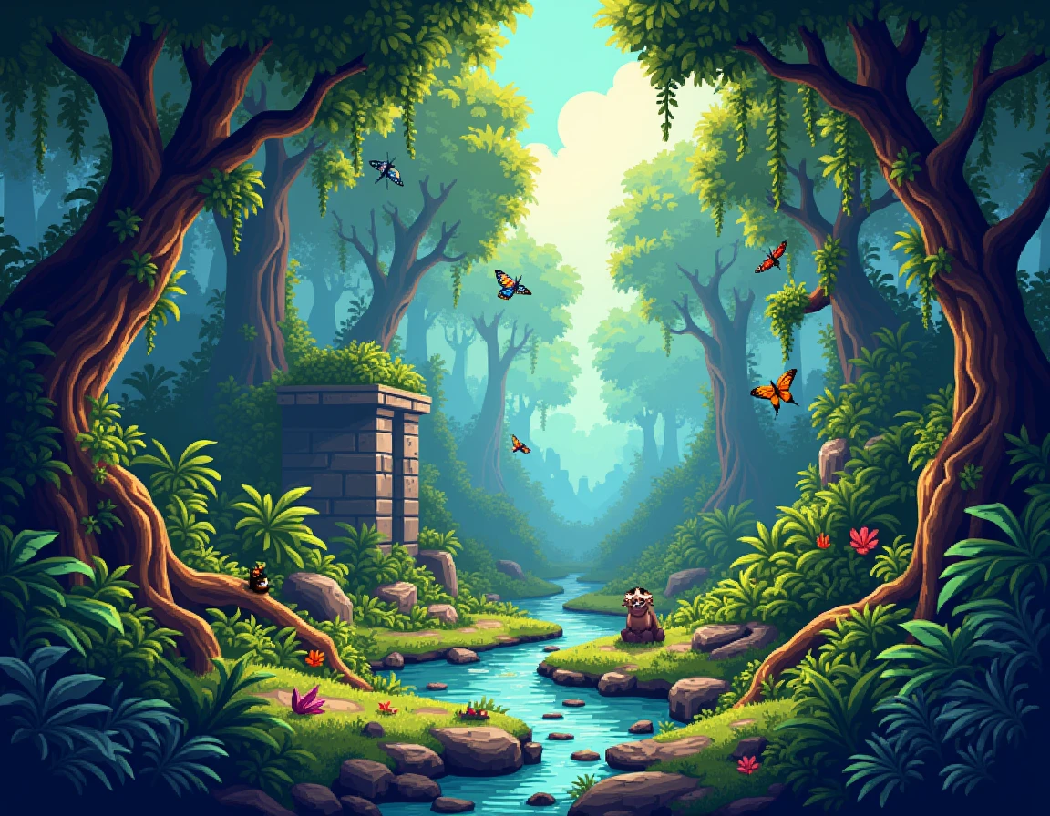 Background for a pixel art jungle game - SeaArt AI
