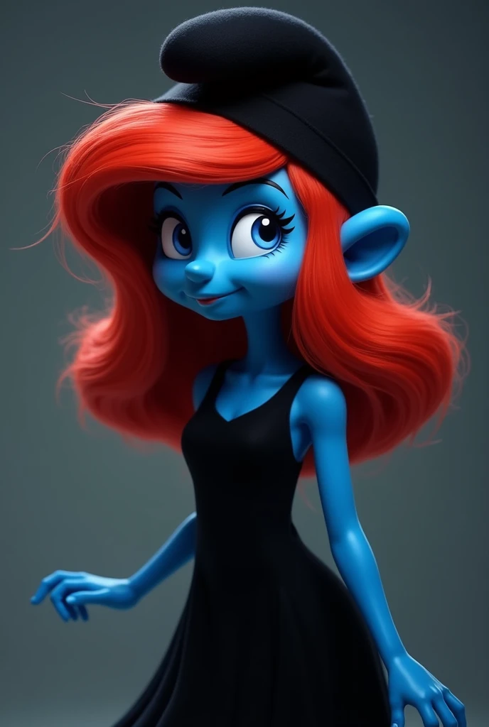 Smurfette with a black cap with red hair standing in a black dress ...