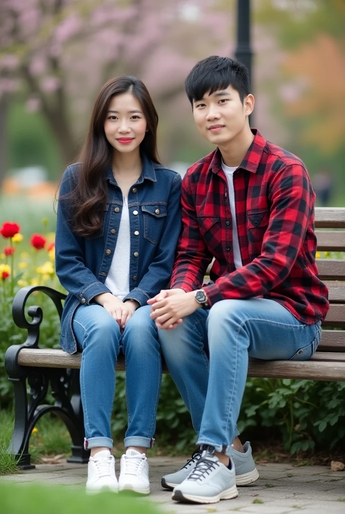 A photo, a Korean man with short slicked back hair, wearing red flannel ...