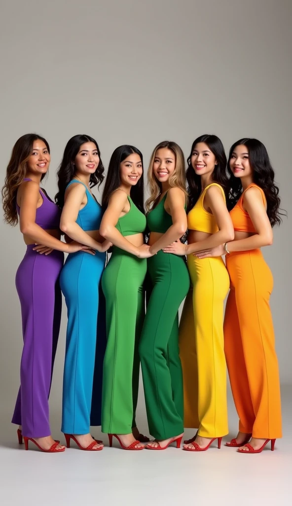 7 women who are twin sisters , standing in a row posing for a picture ...