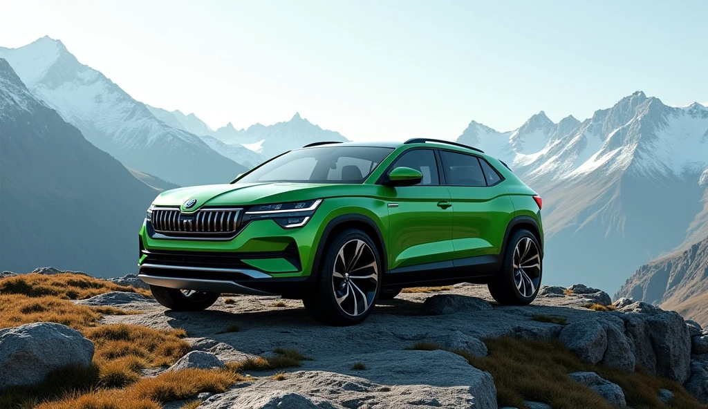 All New 2025 green SKODA kylaq showing Complete front and side look on ...