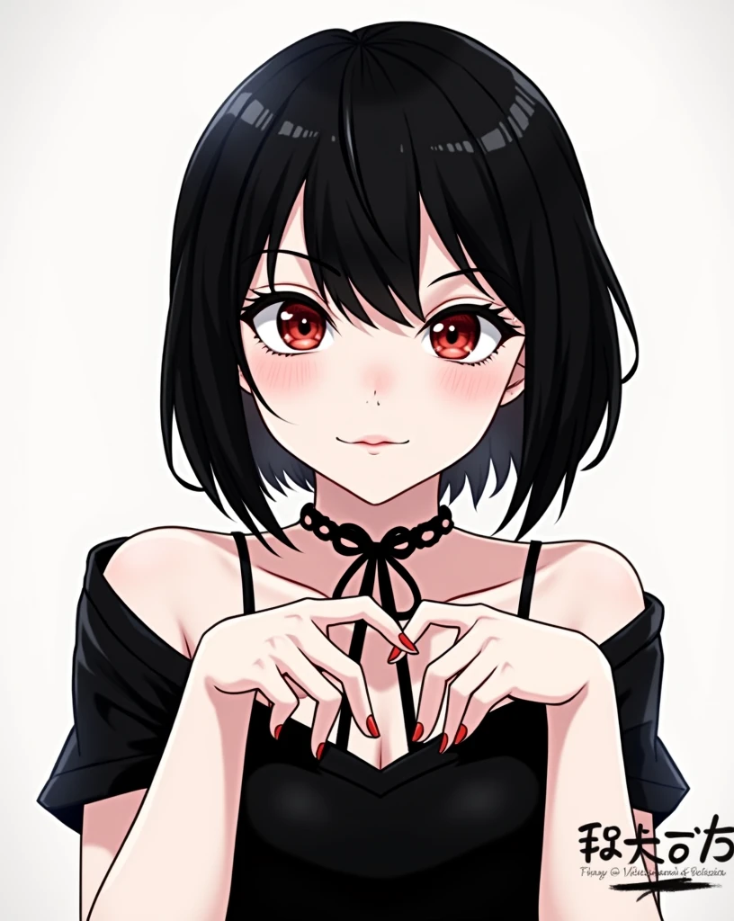 Smiling goth anime girl with black bob hair and red eyes - SeaArt AI