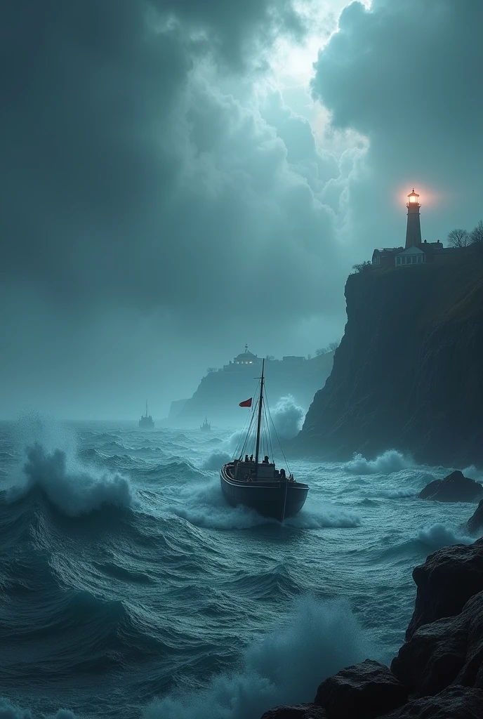 8K photograph of a boat out at sea in a big storm heading towards a ...