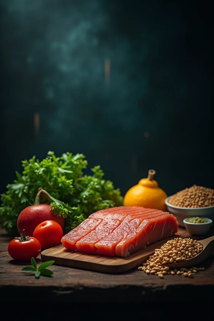 A dark background with nutritional food - SeaArt AI