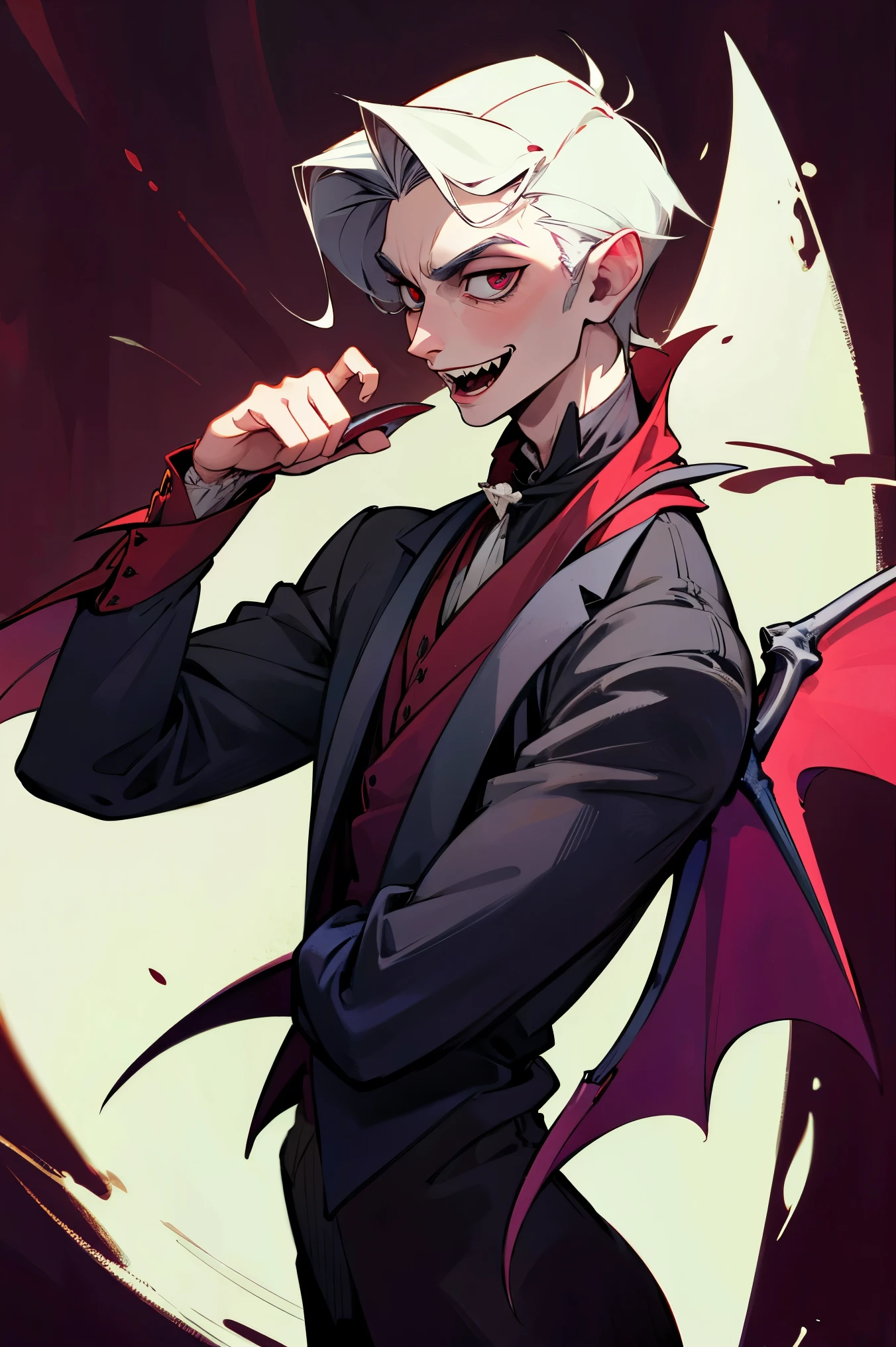 There is a male vampire with a white hair and a red cape - SeaArt AI