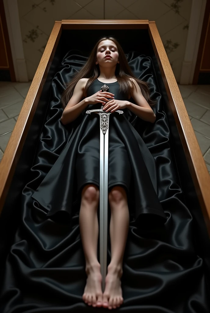 Dead very young girl very long hair eyes closed mouth closed barefoot ...