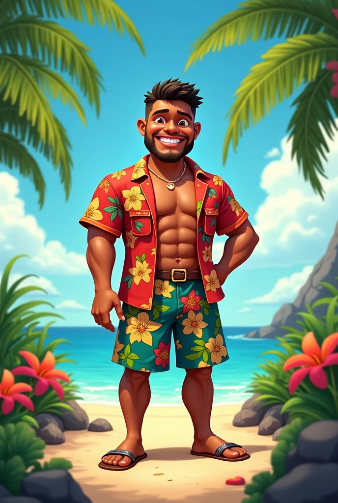 Create an image of a brown man in animated Hawaiian clothing - SeaArt AI
