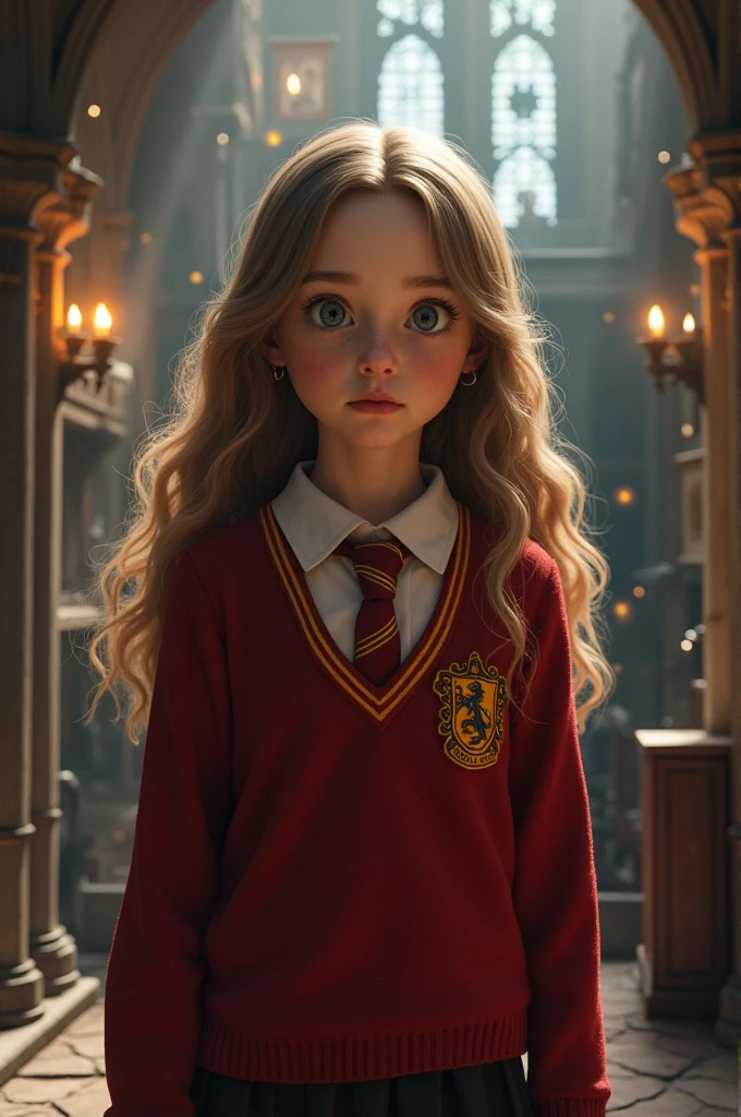 Hogwarts girl , light brown wavy hair, blue eyes and white skin - SeaArt AI