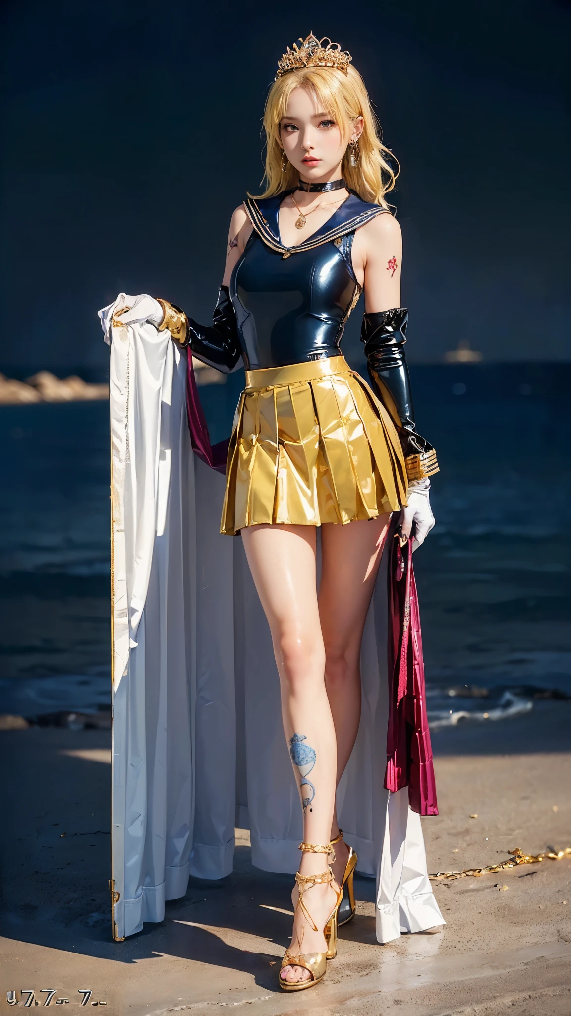 Blond Woman In A Gold Skirt And Black Top Posing On The Beach Seaart Ai