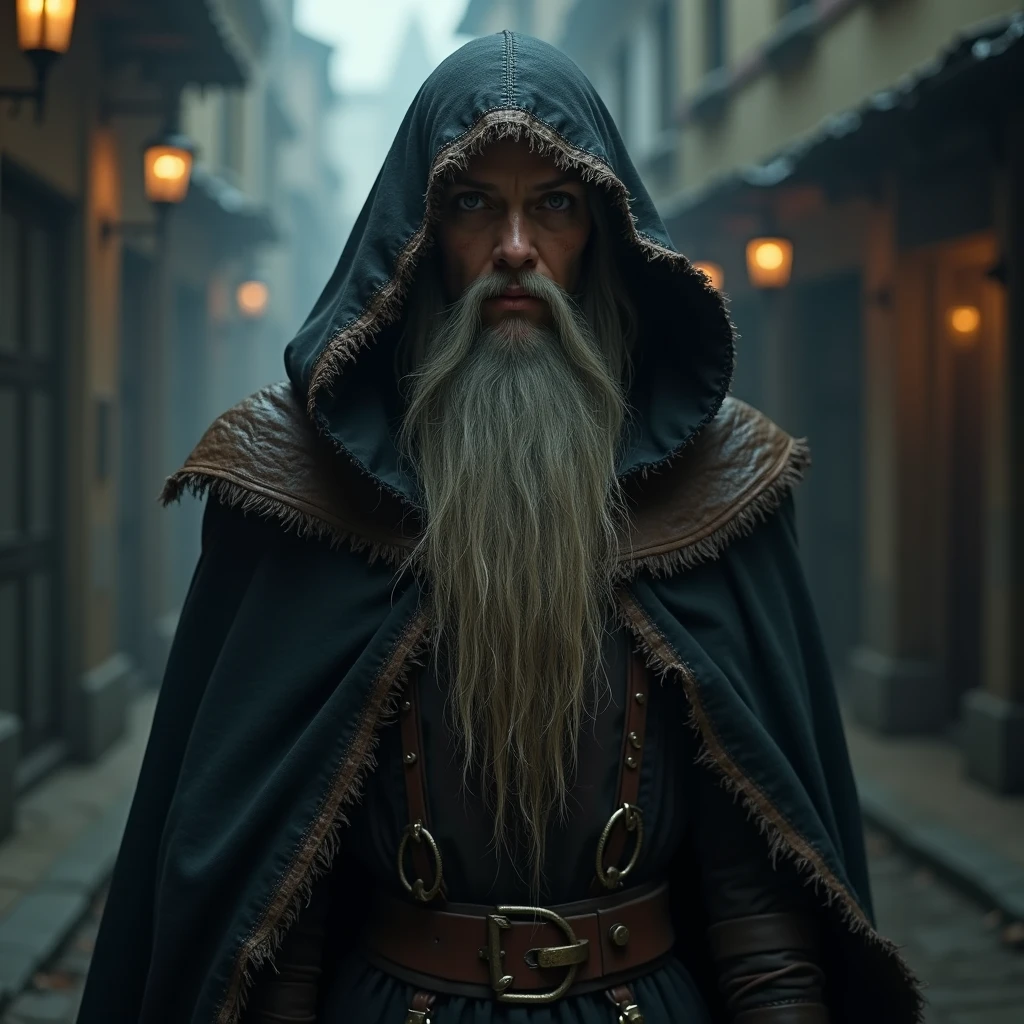 An old medieval pimp woman with a cheapless beard long dark hooded ...