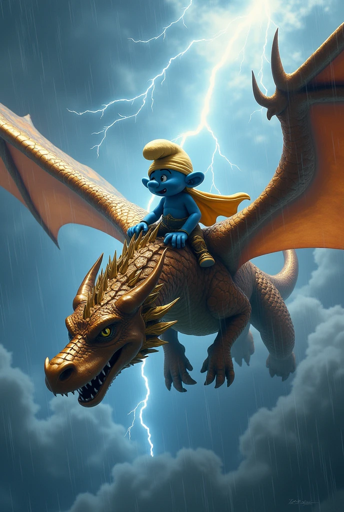 Smurf in gold armor riding a dragon in the air , with lightning bolts ...