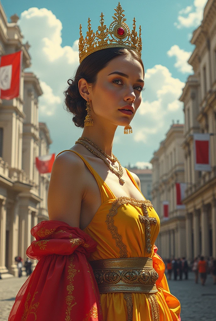 Create a beautiful young queen with a full body representing the ...