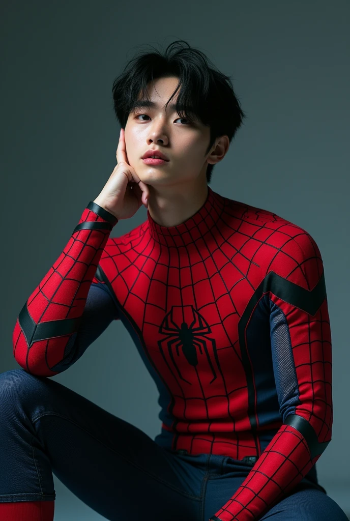 A man with a spiderman dress sit, hyung tae, Kim Tae Jun, cai xukun - SeaArt AI