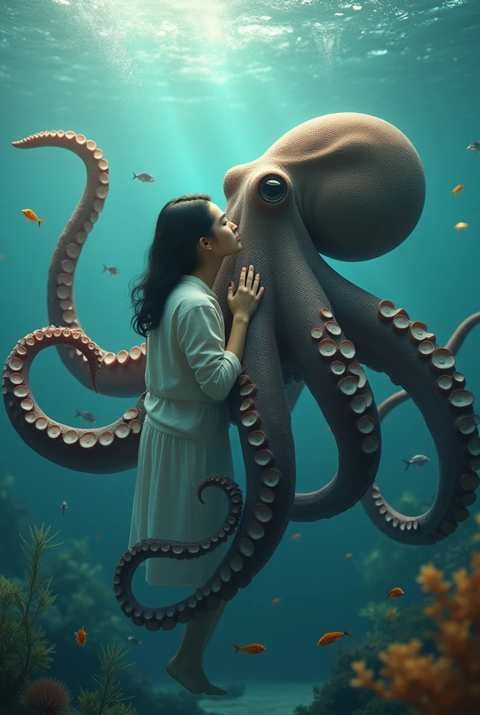 A giant Pacific octopus that cuddles an Asian human - SeaArt AI
